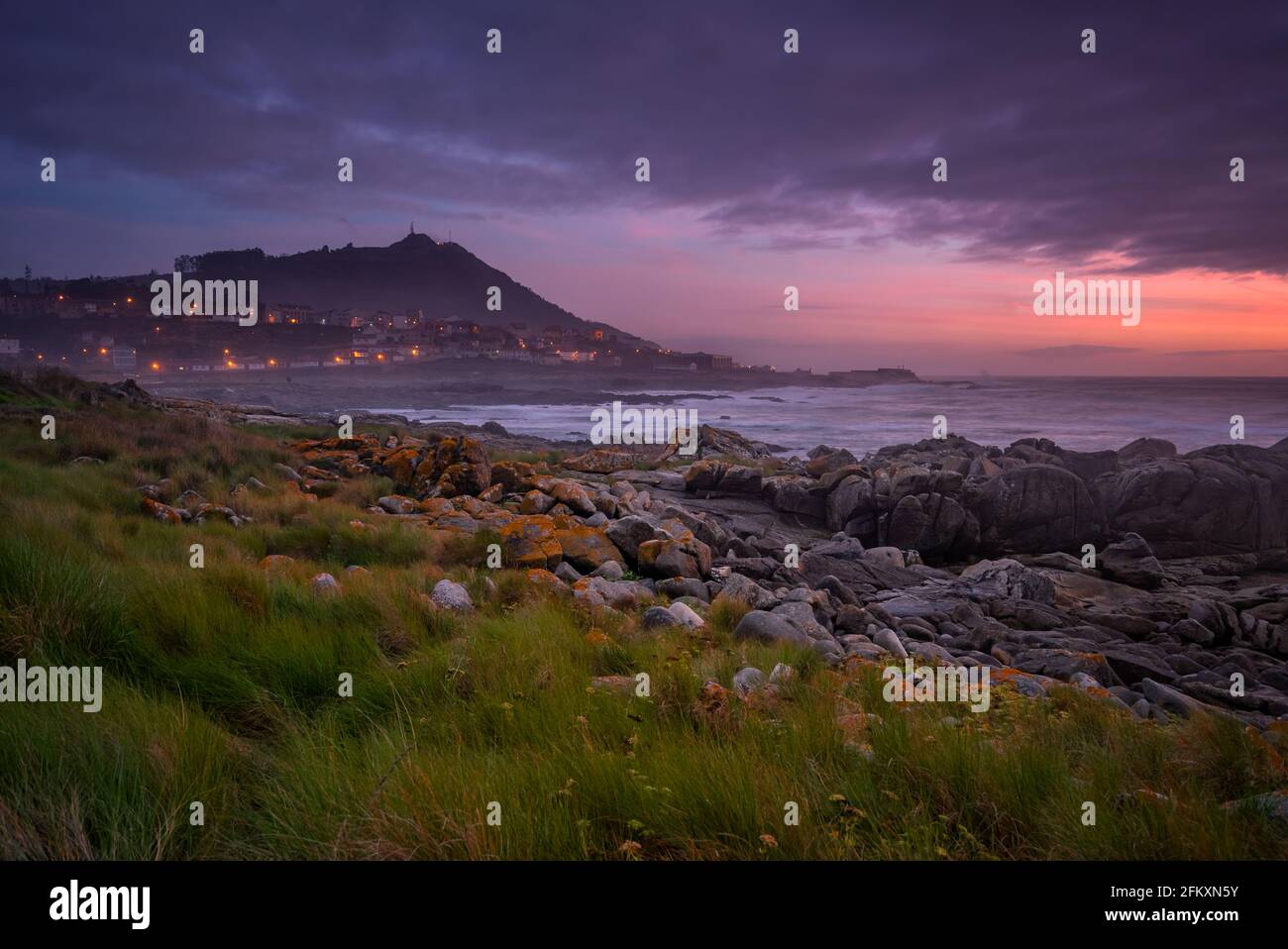A Guarda beautiful sea landscape rock beach with city on foreground ...