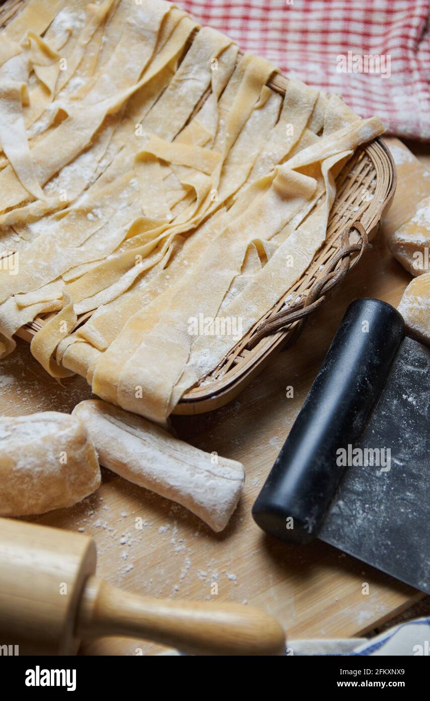 The homemade pasta in the bamboo basket Stock Photo - Alamy