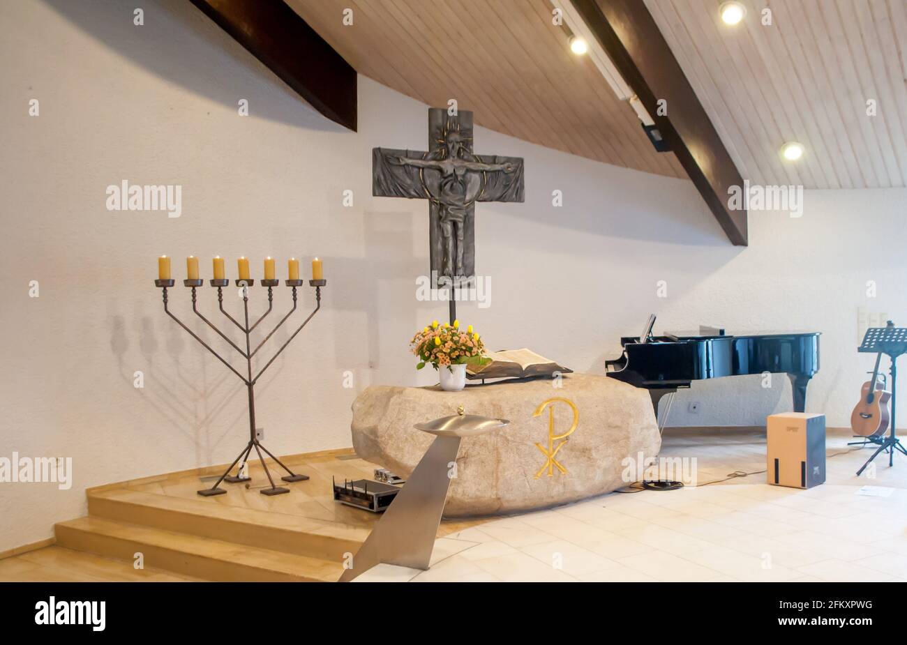 Krelingen, Germany, March 31, 2019: Church scene, Cross menorah pulpit ...