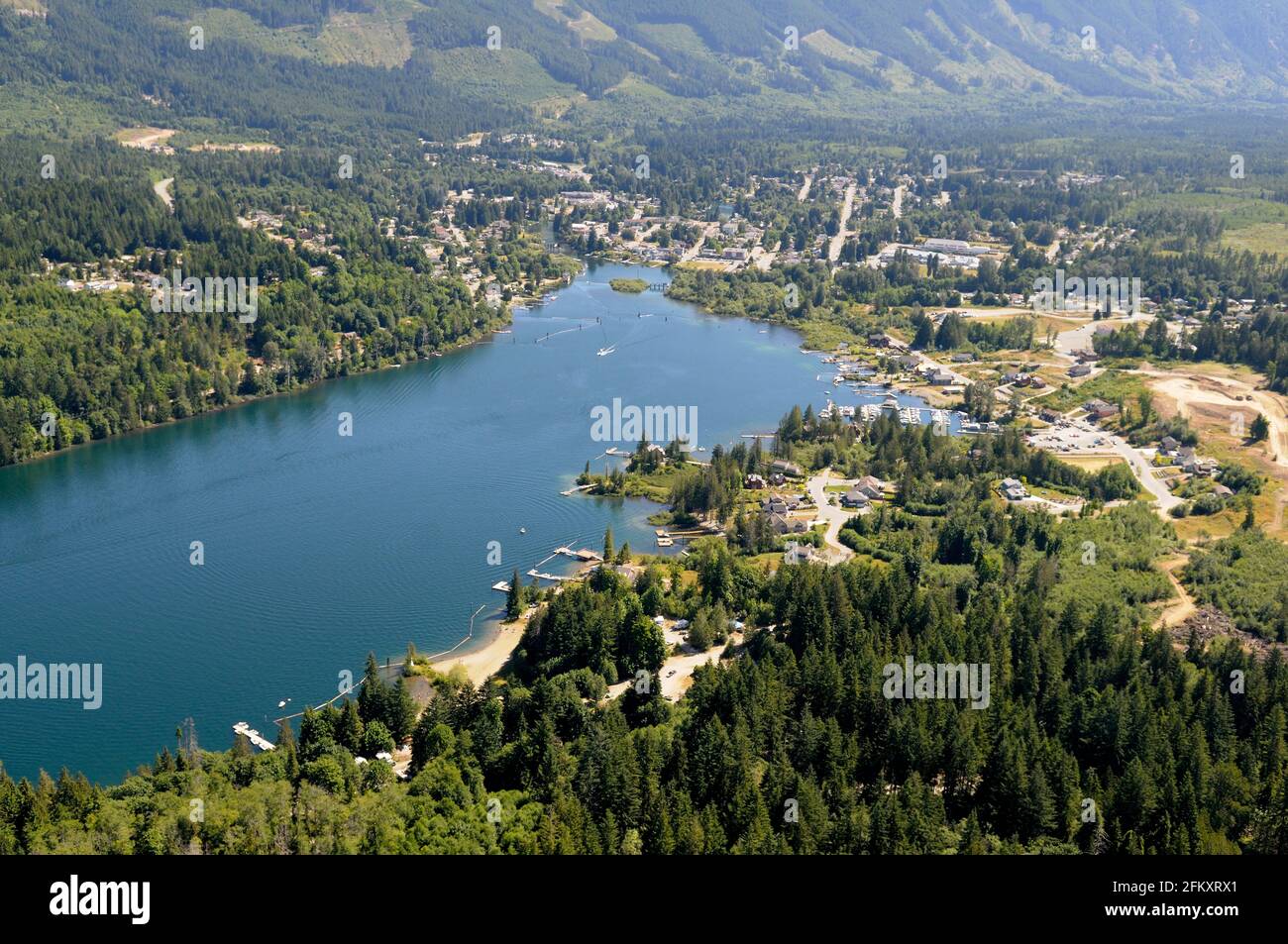 The town of Lake Cowichan on Cowichan Lake, Vancouver Island aerial ...