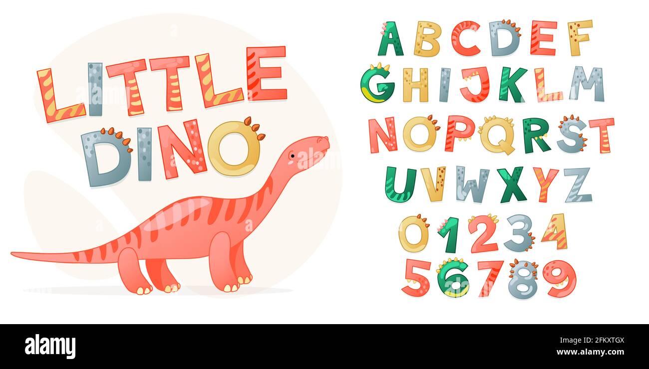 Cartoon cute Dinosaur alphabet. Dino font with letters and numbers. Children Vector illustration ...