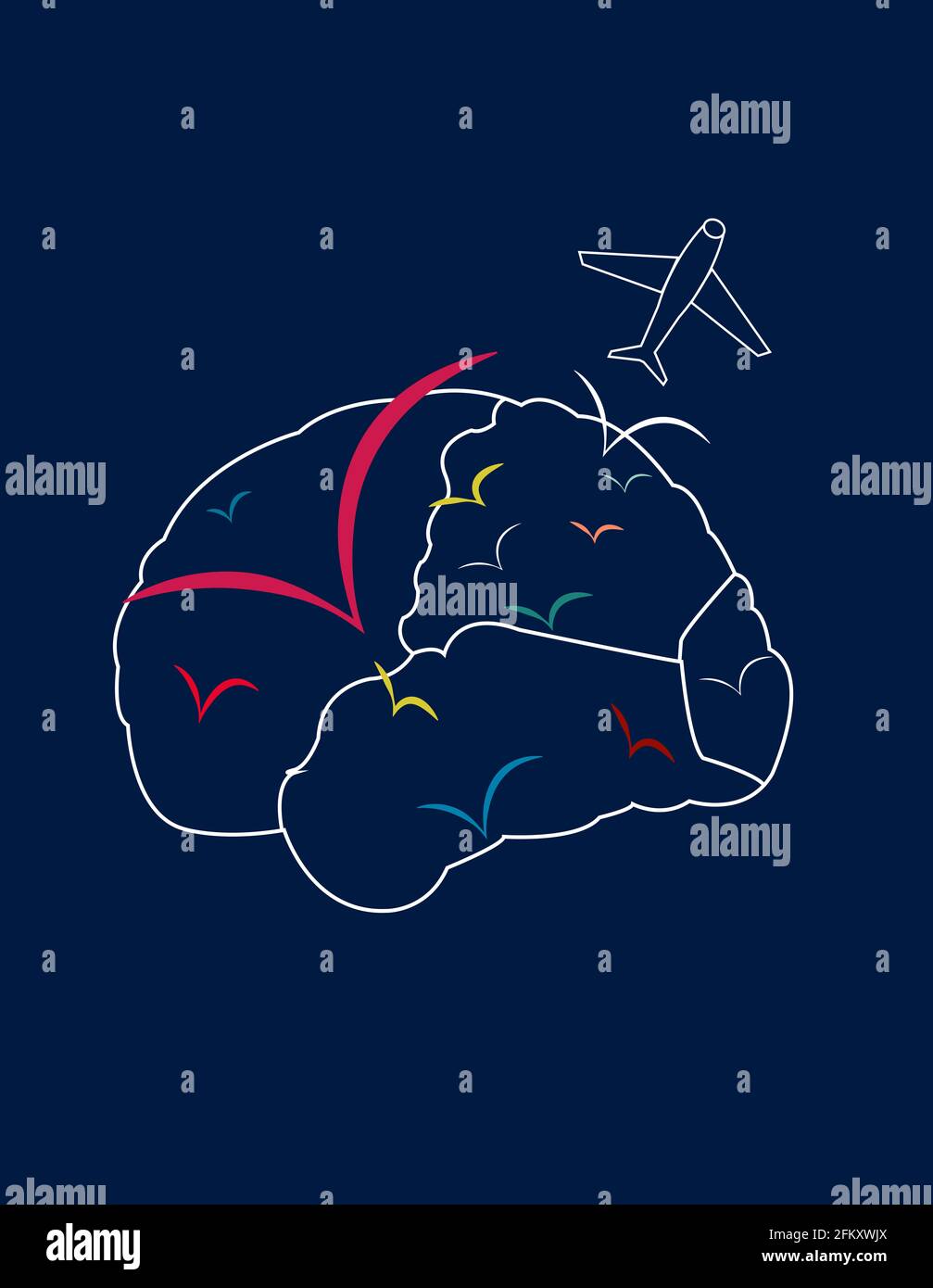 illustration of a brain that instead of neurons has birds in it and a ...