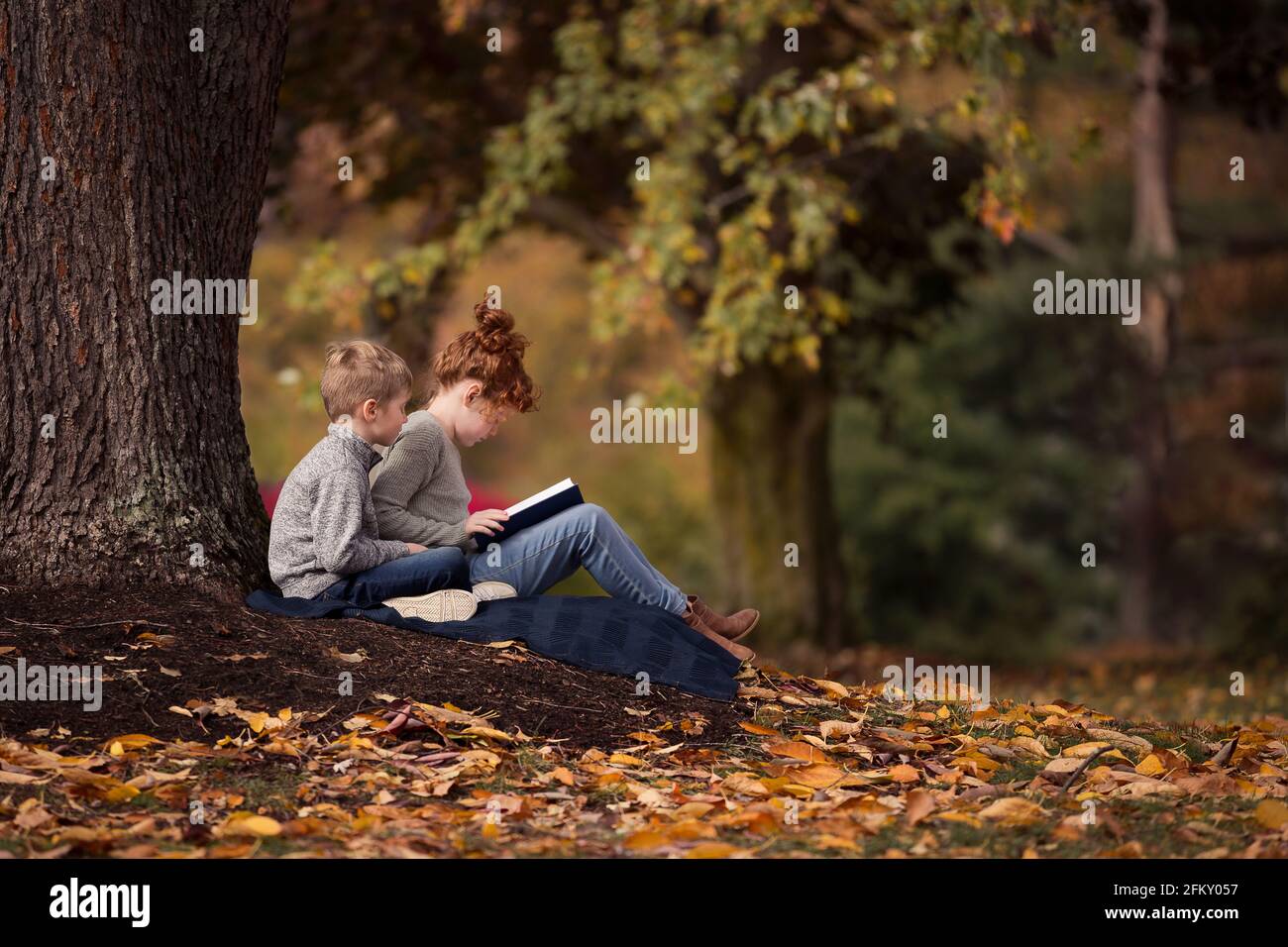 A boy and girl reading outdoors under a tree Stock Photo - Alamy