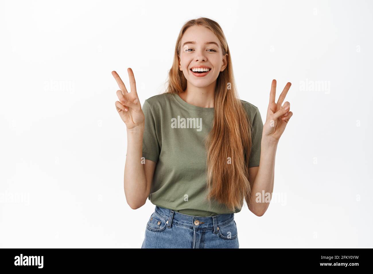Image of beautiful blond girl, smiling and laughing happy, showing ...