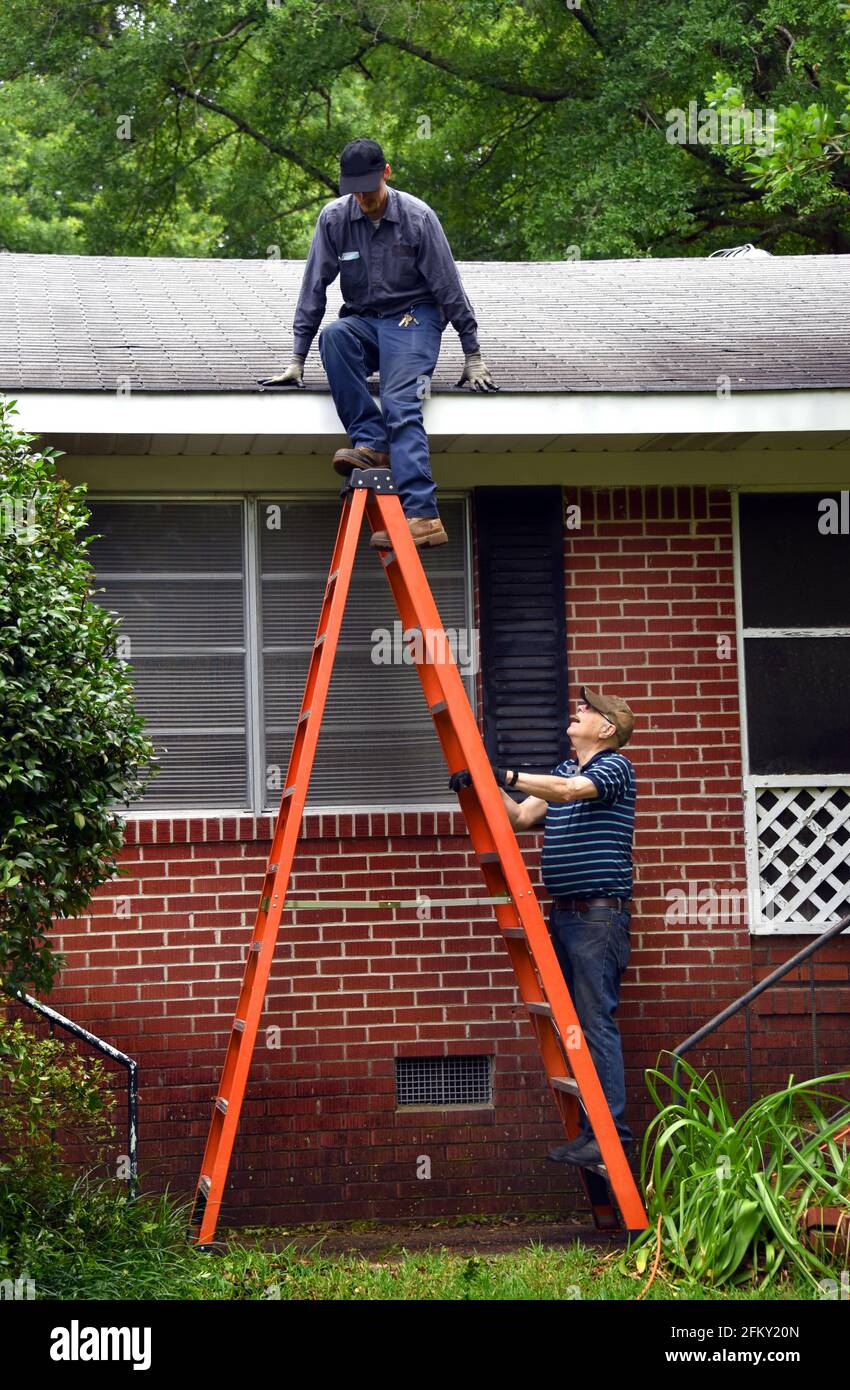 Father and son work together on clipping bushes and shrubs around their ...