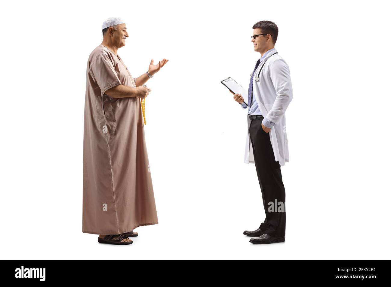 Full length profile shot of a muslim man talking to a doctor isolated ...