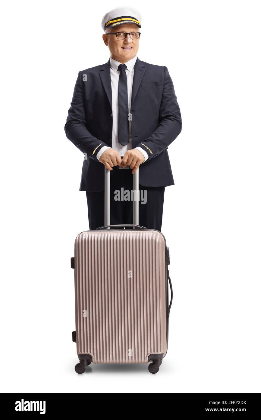 Pilot standing with a suitcase isolated on white background Stock Photo ...