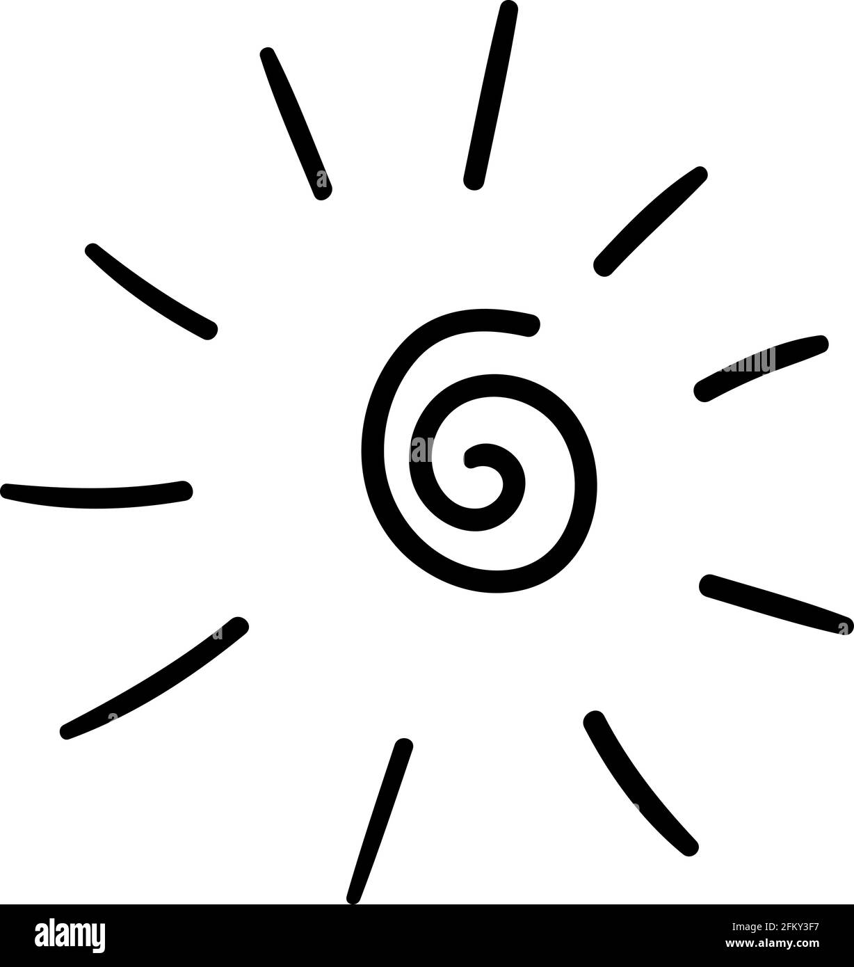 Black textured line in spiral sun with light ray shape on white ...