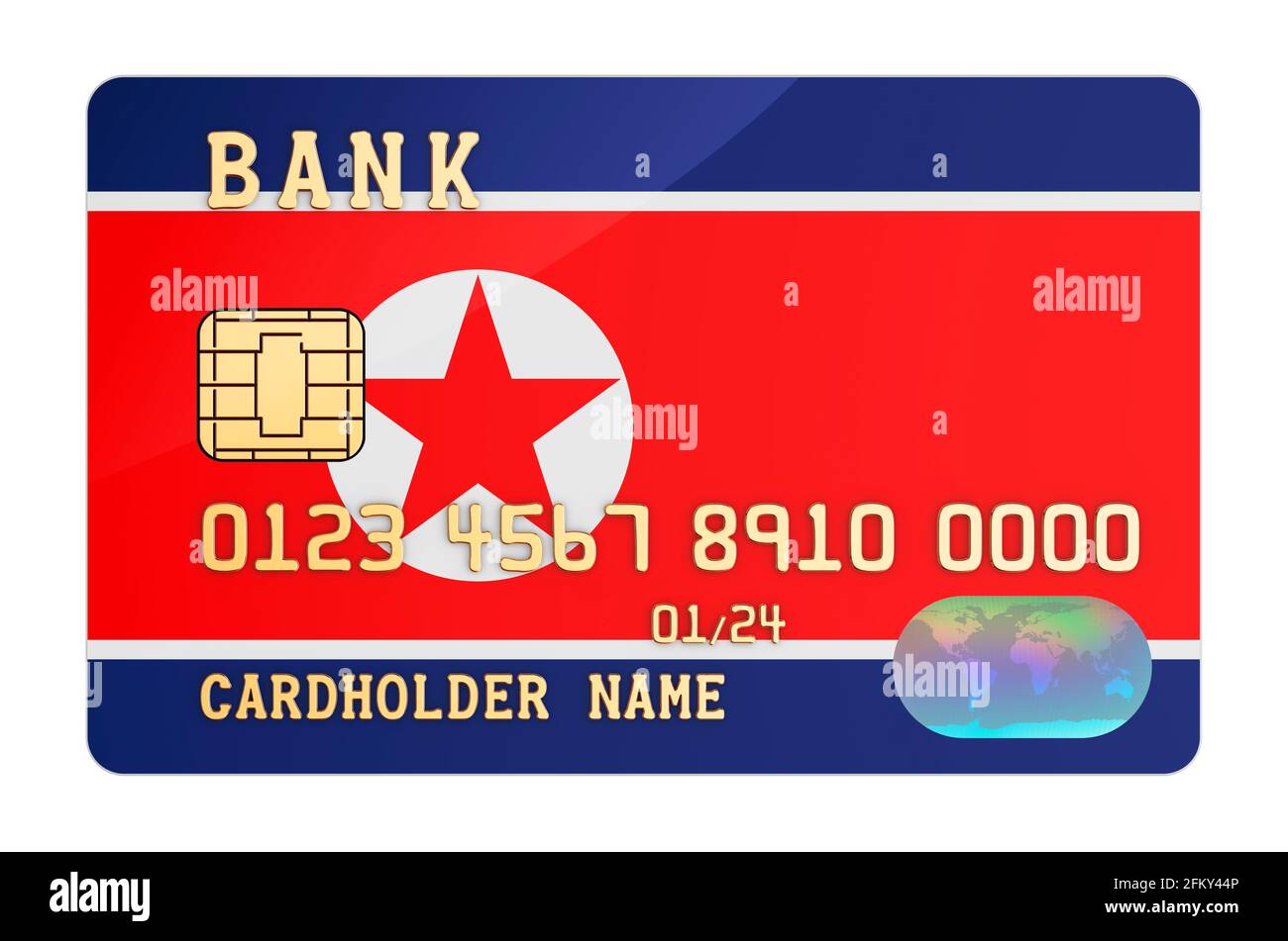 Bank credit card featuring North Korean flag. National banking system ...