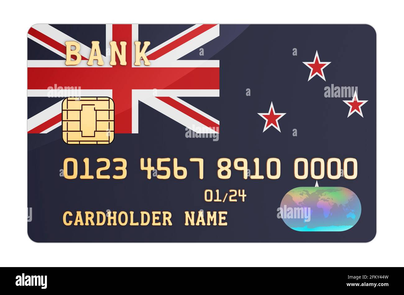 Bank credit card featuring New Zealand flag. National banking system in ...