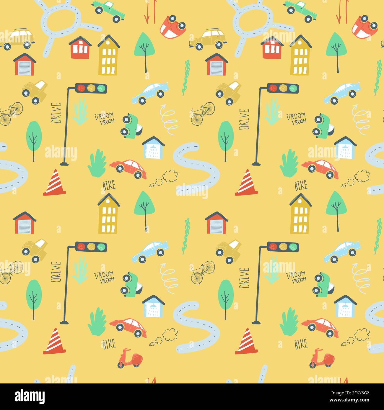 endless pattern set city cars traffic lights road. simple hand drawing ...