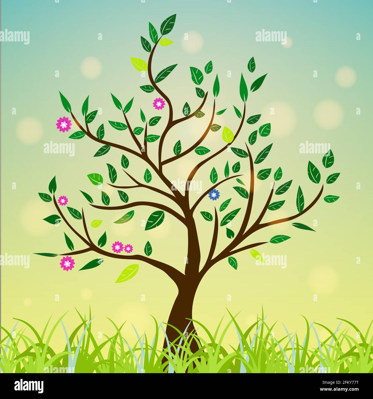 Abstract tree with green leaves, flowers on a colorful and sunny ...