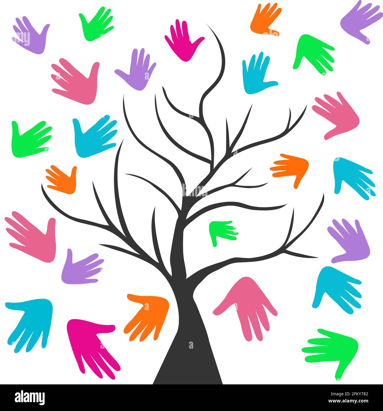 Vector Illustration of an Abstract Tree with Colorful Hand Prints Stock ...