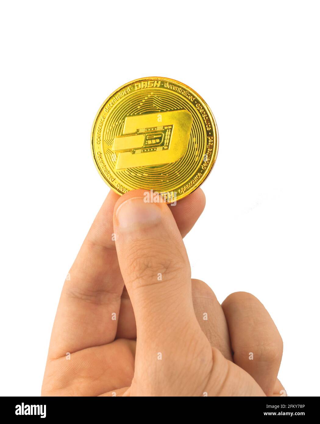 Golden Dash coin in hand isolated on white background, cryptocurrency ...