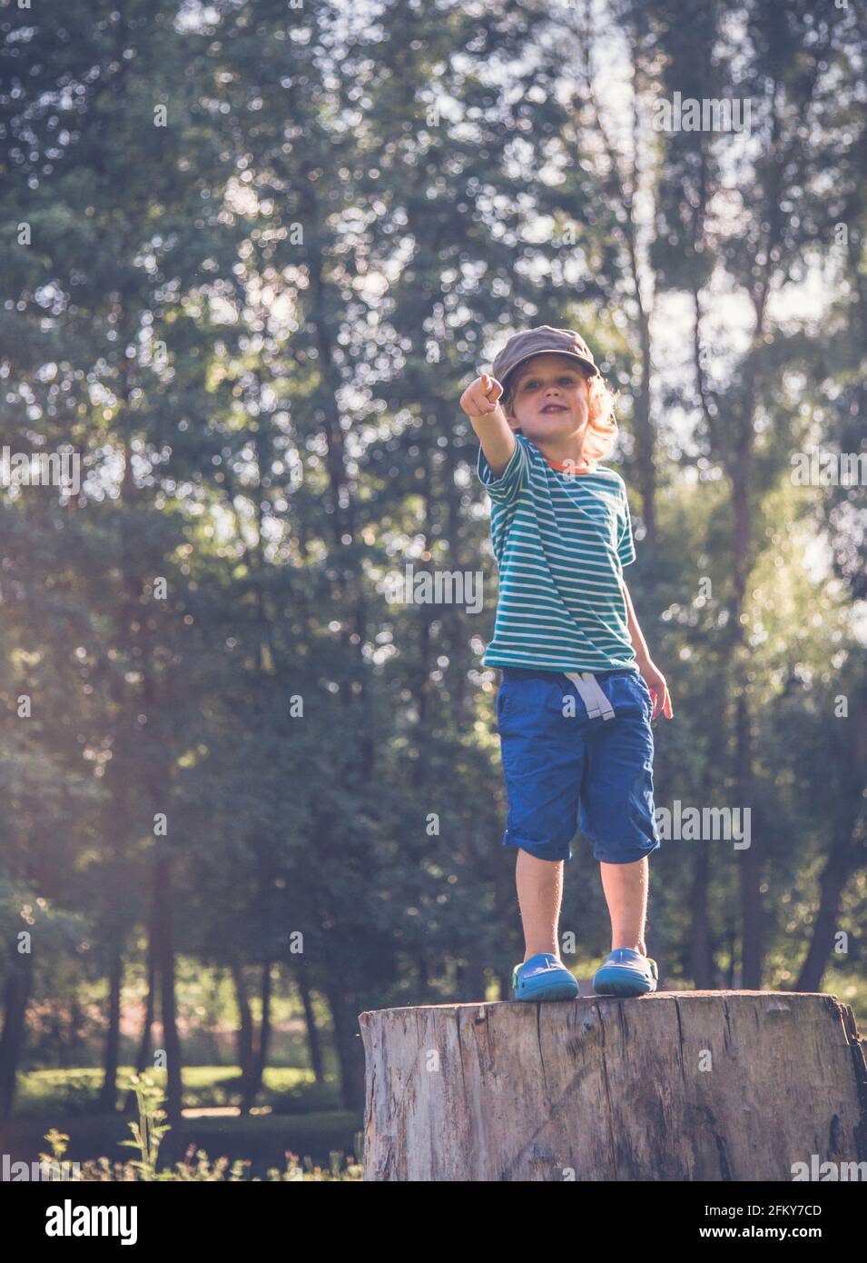 Young Boy Stood on a tree trunk doing different expressions Stock Photo ...