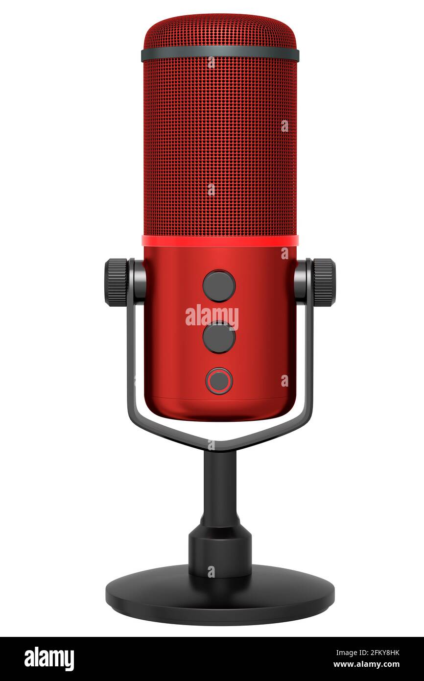 3D rendering of red studio condenser microphone isolated on white ...