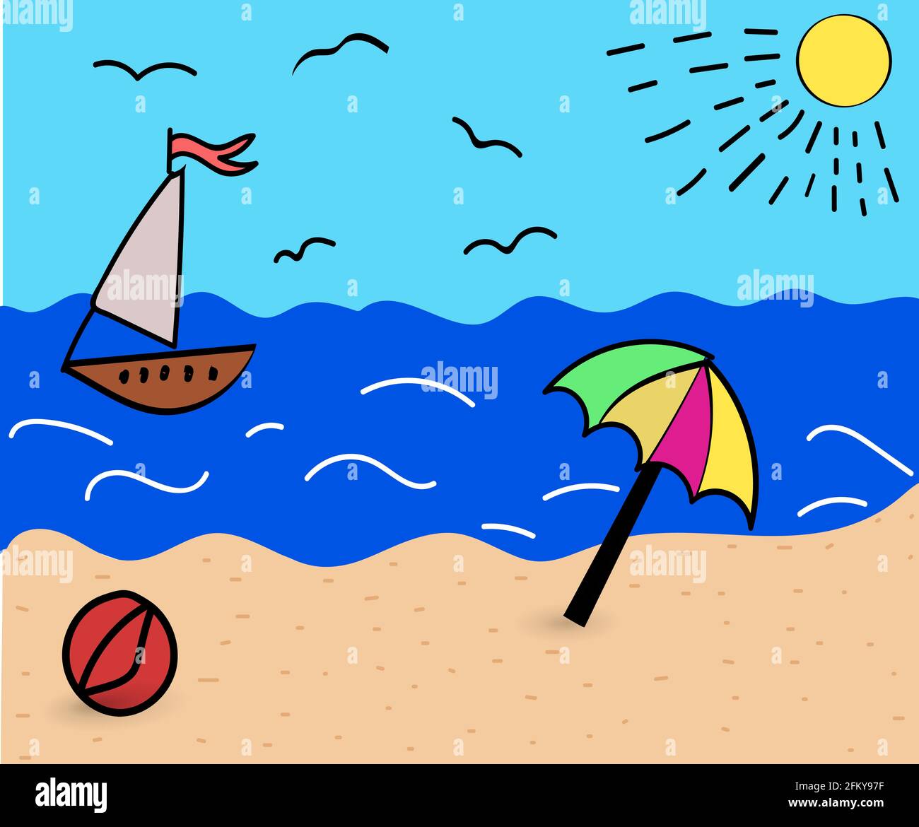 Landscape of the sea coast with an umbrella and a yacht on the sea ...