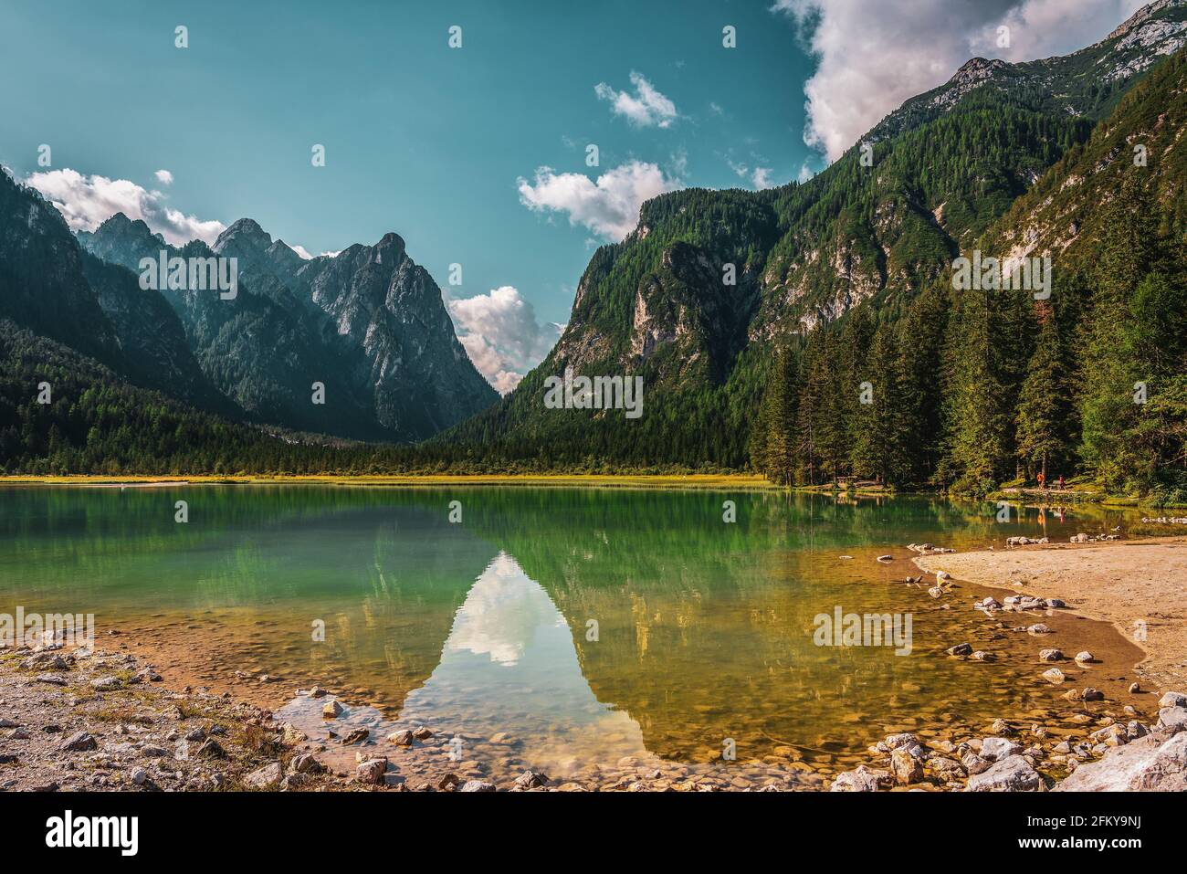 Panoramic view of Lake Dobbiaco ( Toblacher See ) in the Dolomites ...