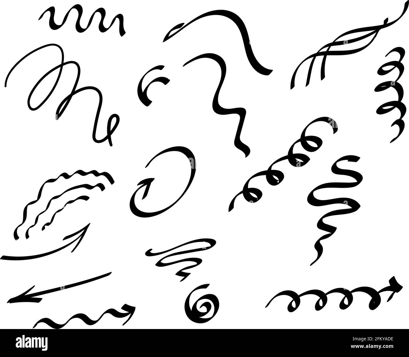 set arrows and curves lines spiral doodle hand drawing vector elements ...