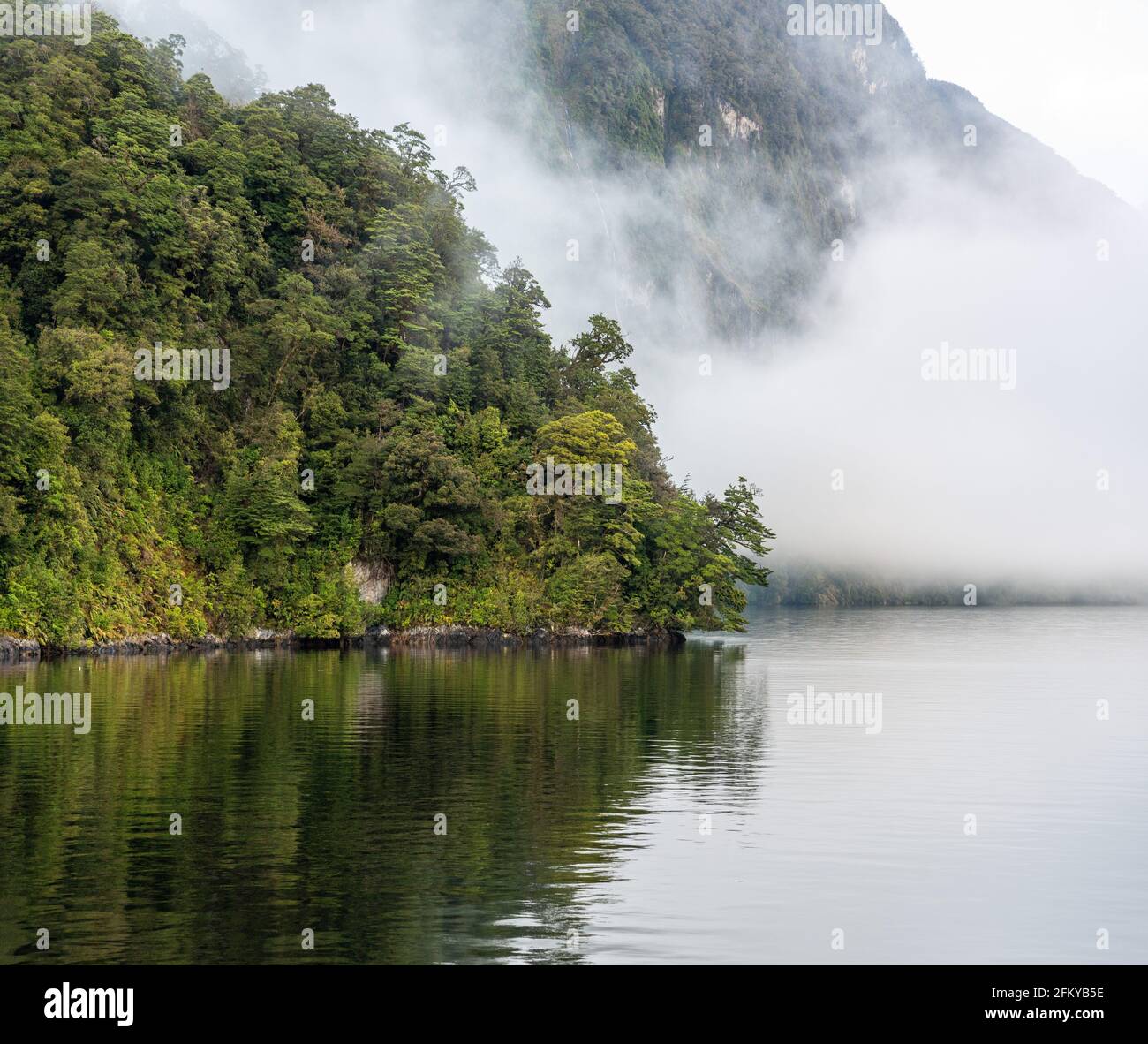 A new morning dawning at Doutful Sound, clouds hanging low in the ...