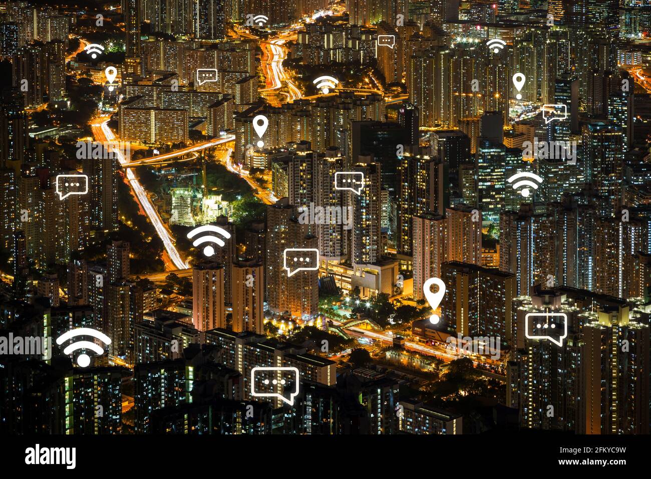 Map pin, WiFi and message icons over cityscape in Kowloon, Hong Kong ...