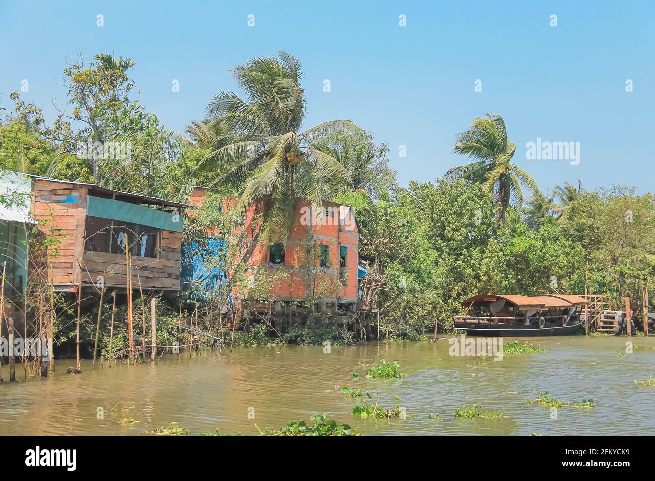 Traditional Vietnamese riverside stilt houses along the Hau (Bassac ...