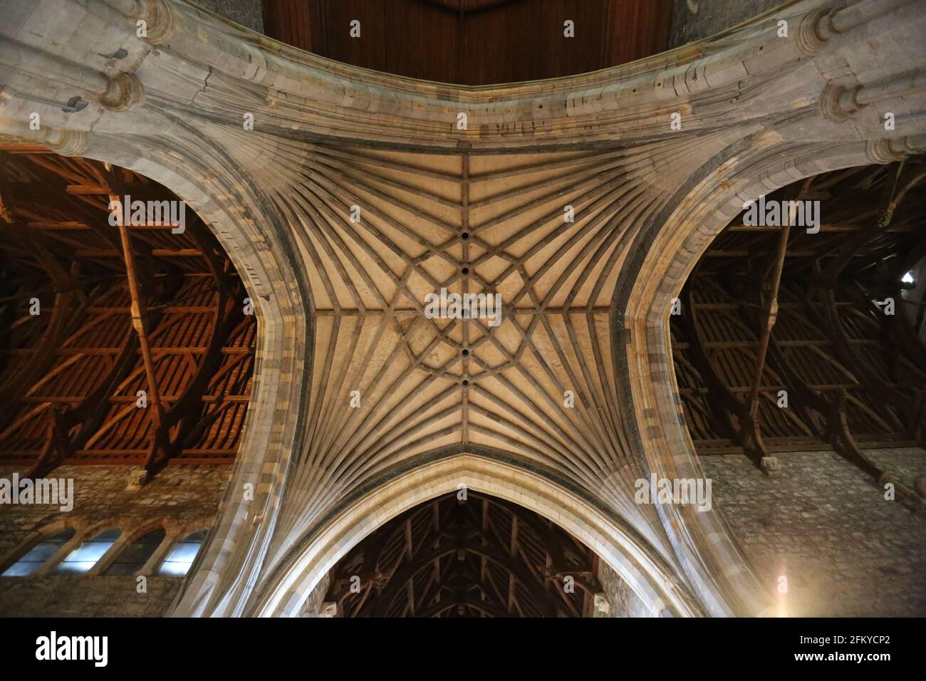 View from the bottom at the ceiling of a catholic gothic church Stock ...
