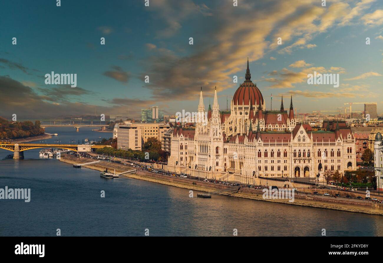 Budapest parliament building landscape panorama in sunset view with ...