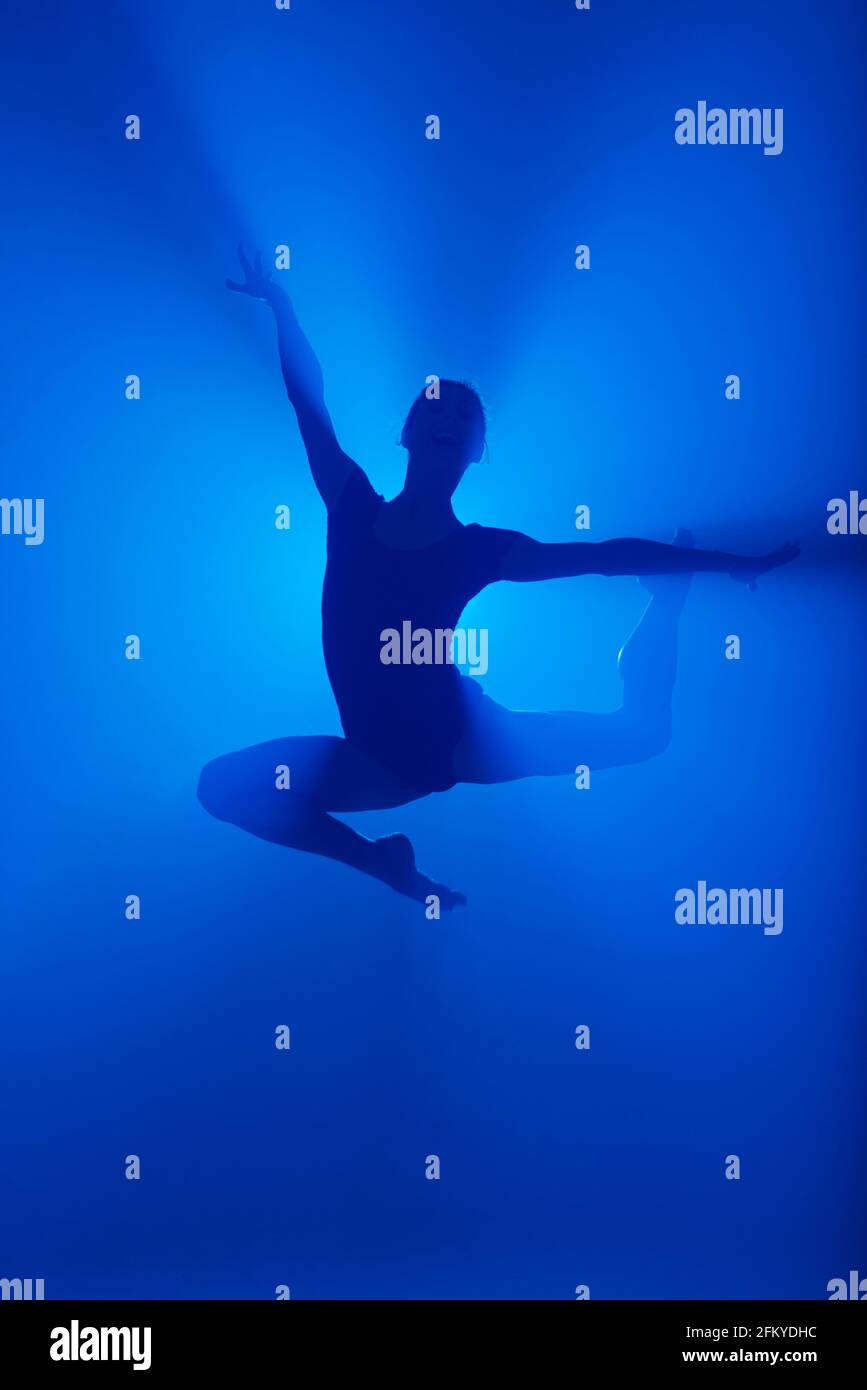 Professional ballerina dancing ballet in a smoke. Female in black ...
