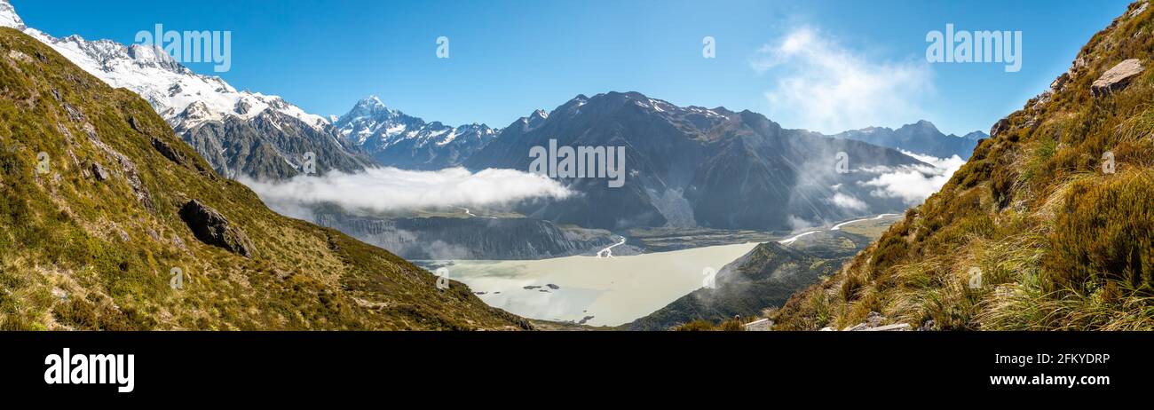 Cloudy view to the valley of Mount Cook National Park from Mueller Hut ...