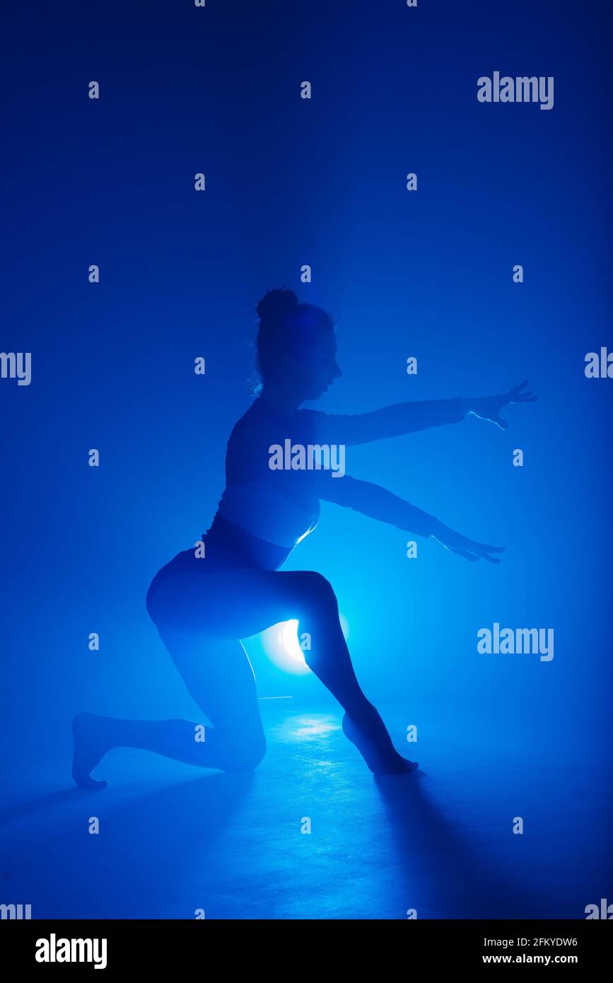 Professional ballerina dancing ballet in a smoke. Female in black ...