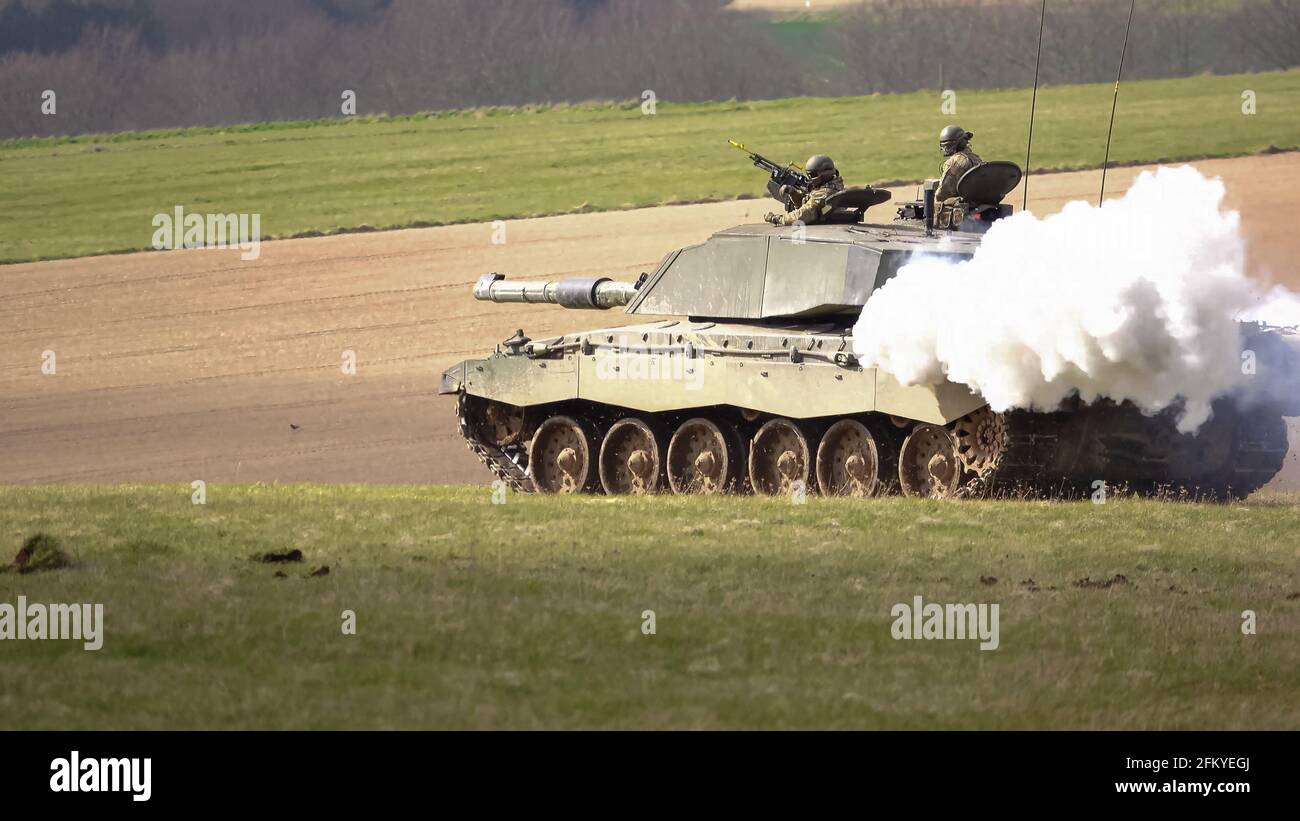 close up of a British Army Challenger 2 Main Battle Tank in action in a ...