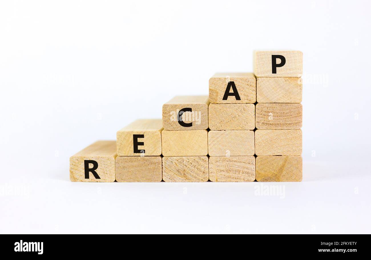 Recap symbol. The word 'recap' on wooden cubes on beautiful white ...