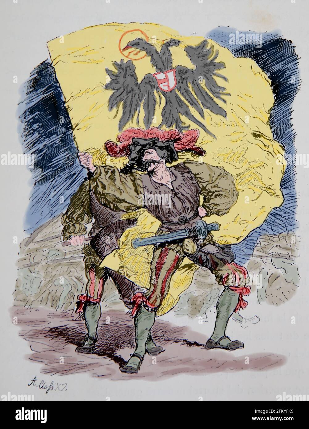Early modern era. Europe. Landskenecht soldier. Standeard-bearer ...