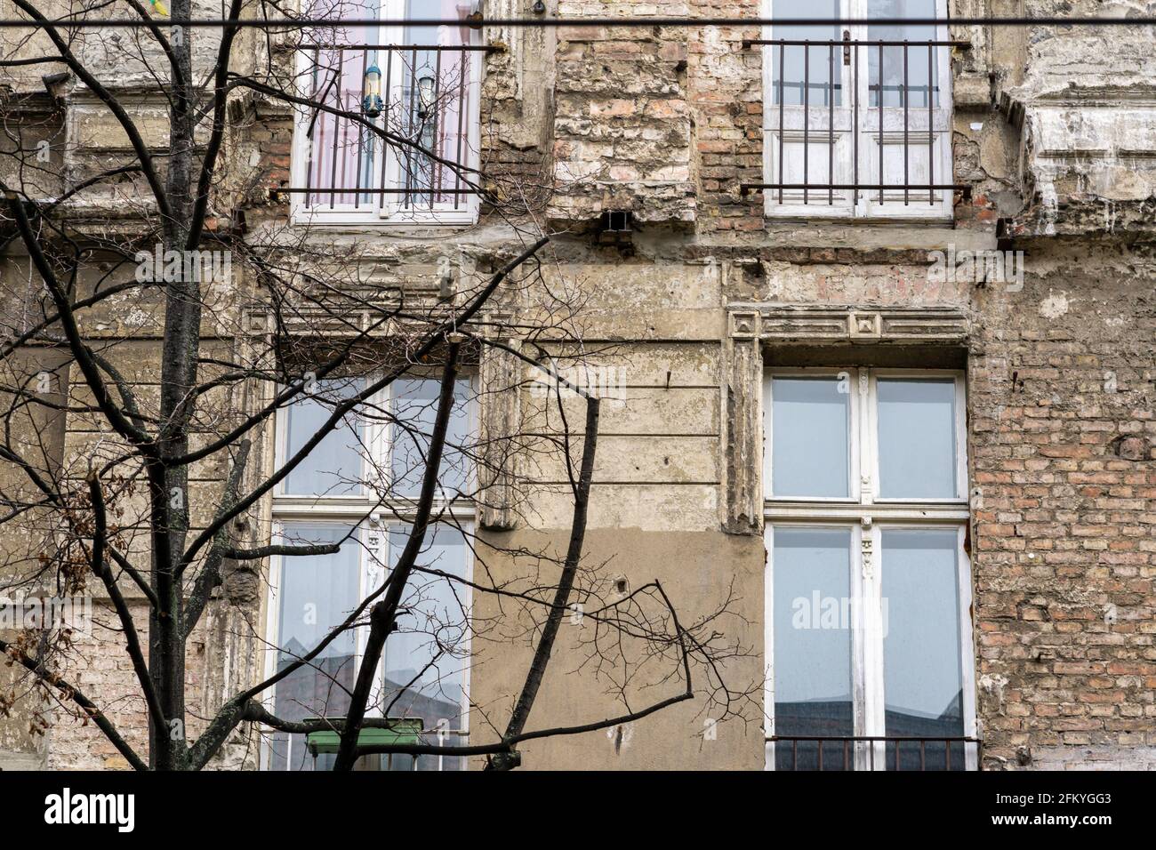 Weathered stone residential building seen through a deciduous tree ...