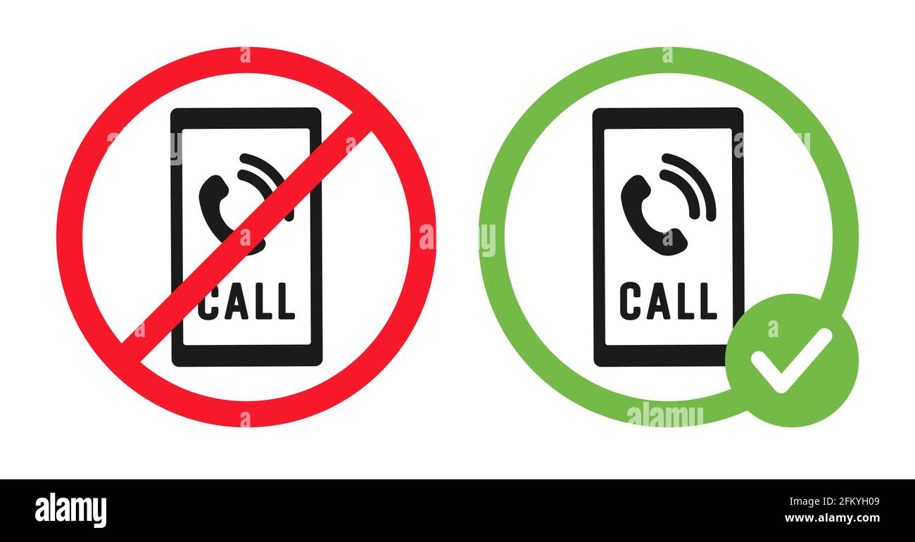 Smartphone call icons in crossed out red circle and phone in green ...