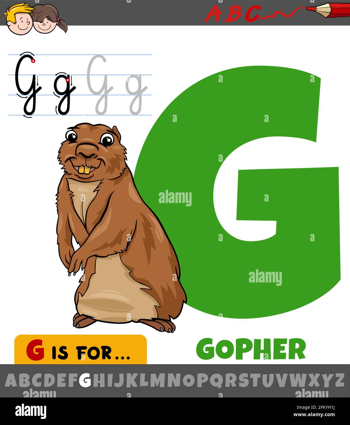 Educational cartoon illustration of letter G from alphabet with gopher ...