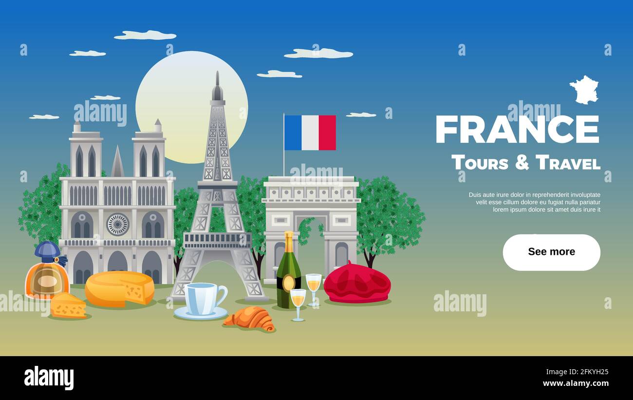 France travel poster with sights and cuisine symbols flat vector ...