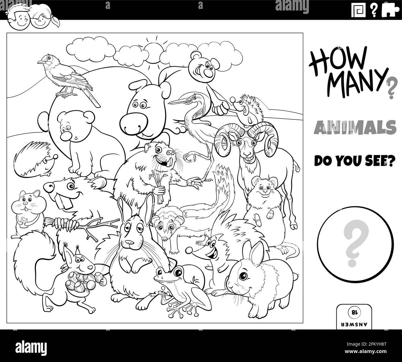 Black and white illustration of educational counting game for children ...
