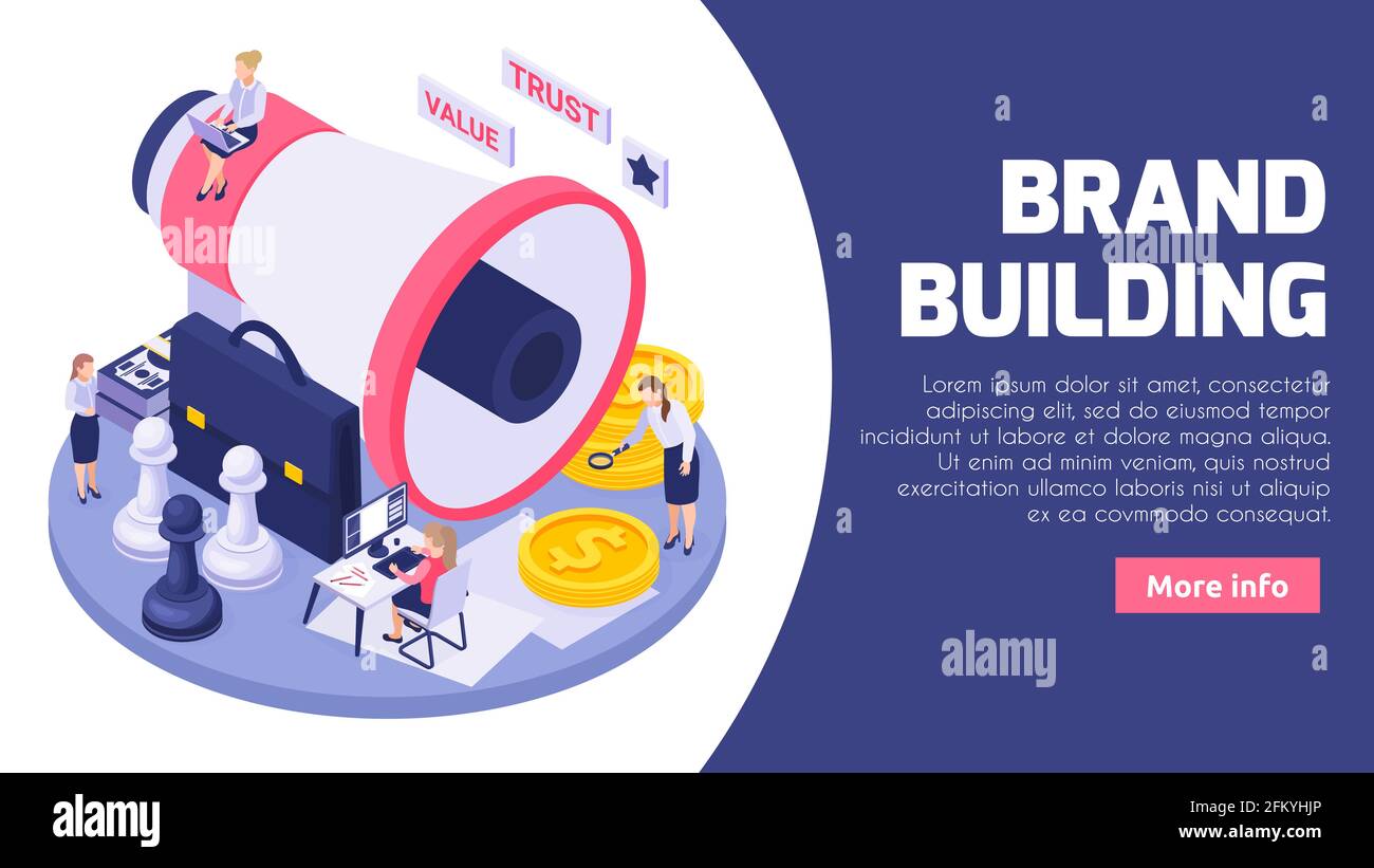 Online brand creating building promotion company isometric landing page ...