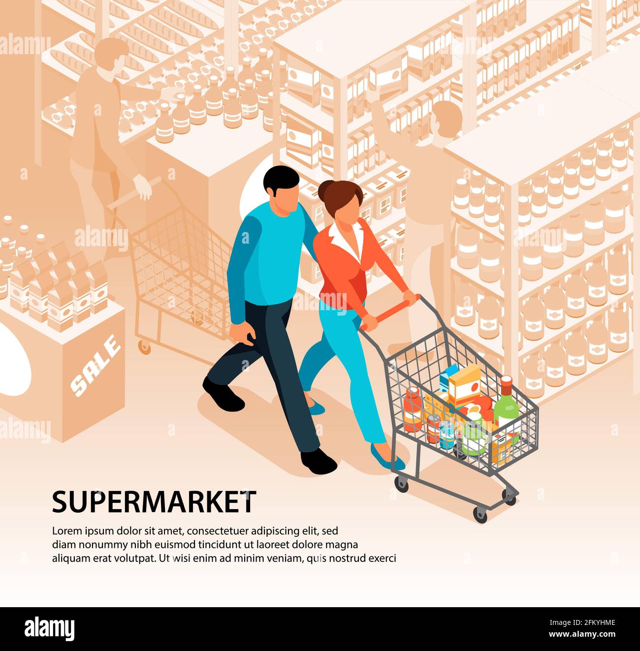 Isometric supermarket shopping background composition with text ...