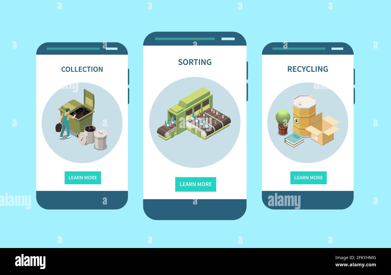 Waste sorting bins garbage collecting recycling 3 isometric smartphone ...