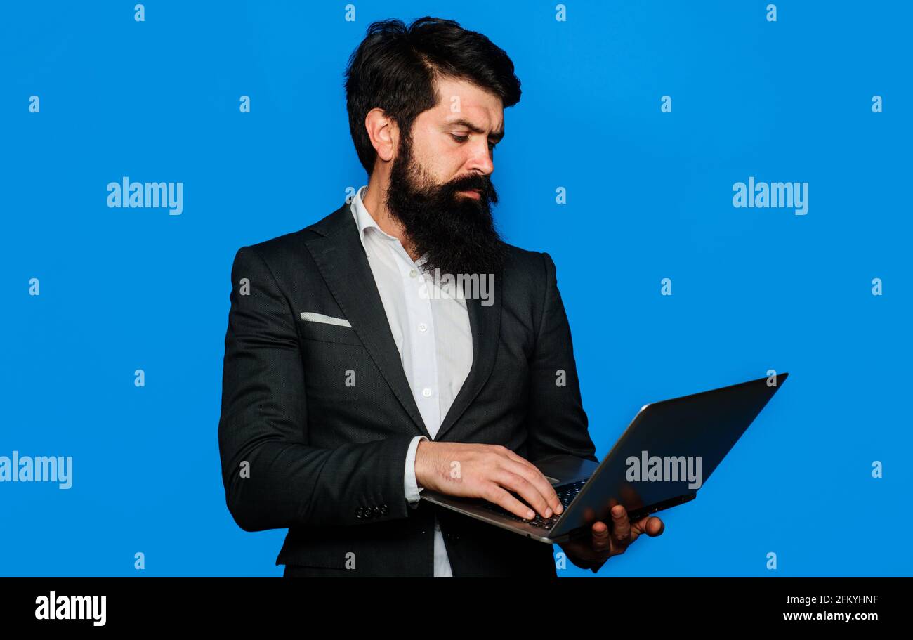 Technology, networking and internet. Businessman with computer at ...