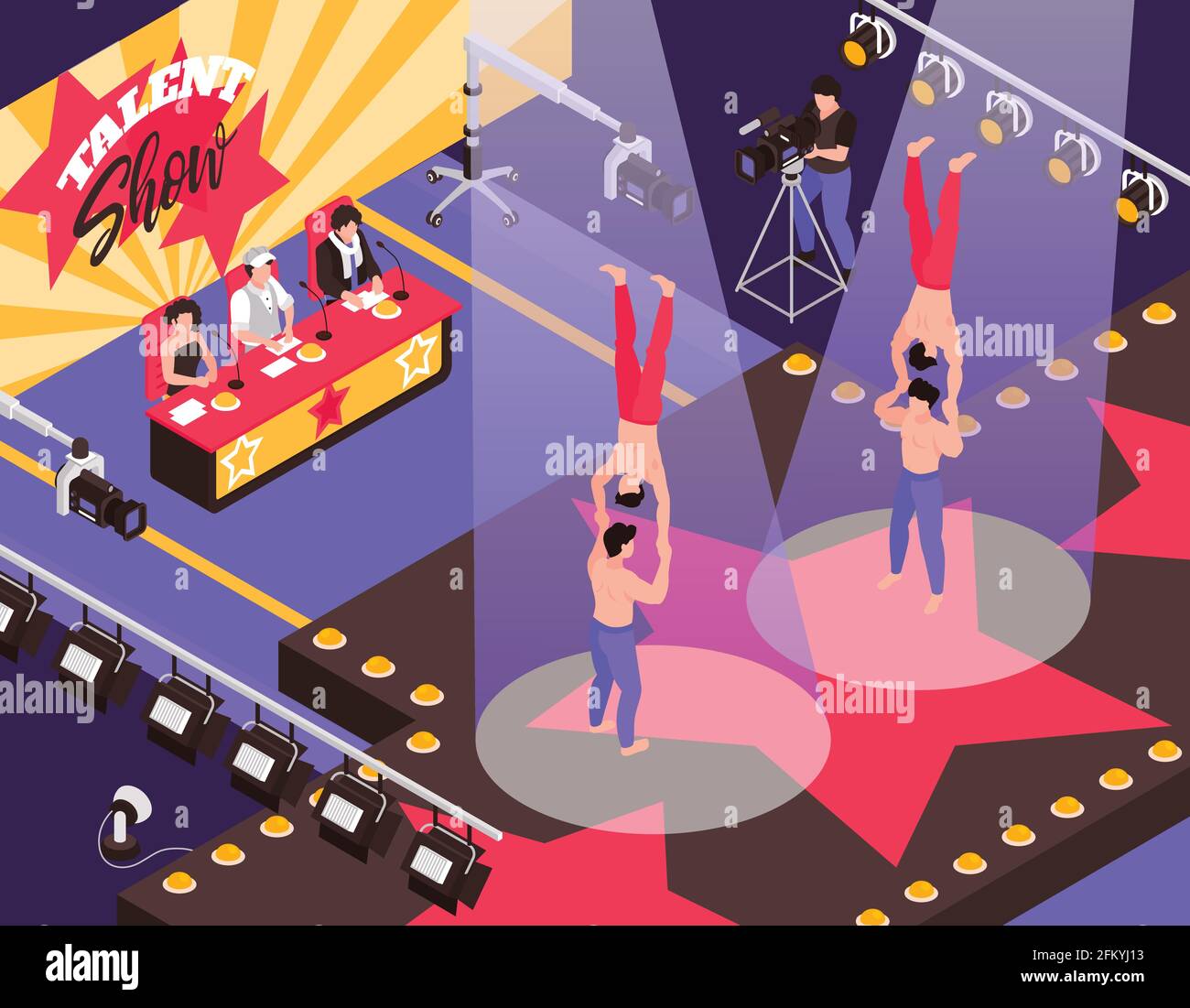 Talent show event isometric composition with 2 pairs contesting ...