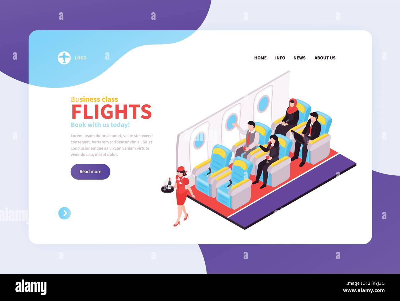 Booking air tickets isometric landing page with offering business class ...