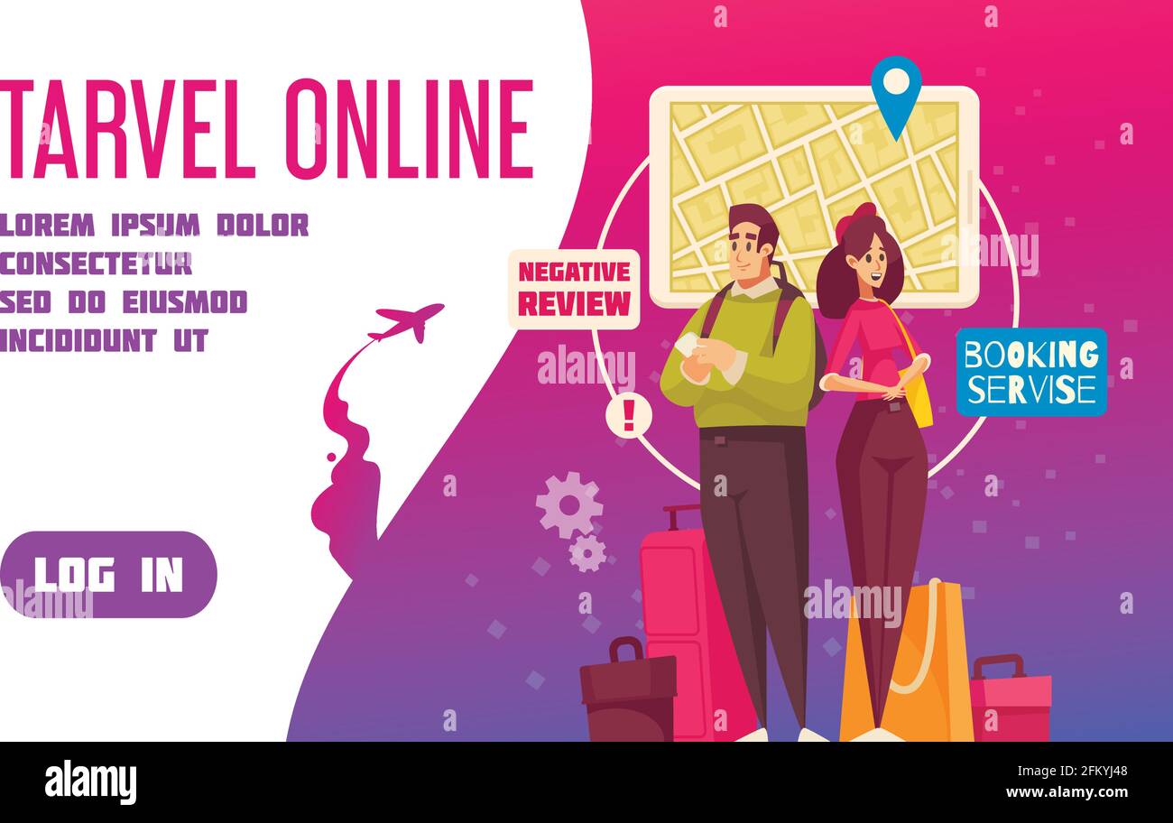 Flat travel booking landing page with links headline and log in button ...