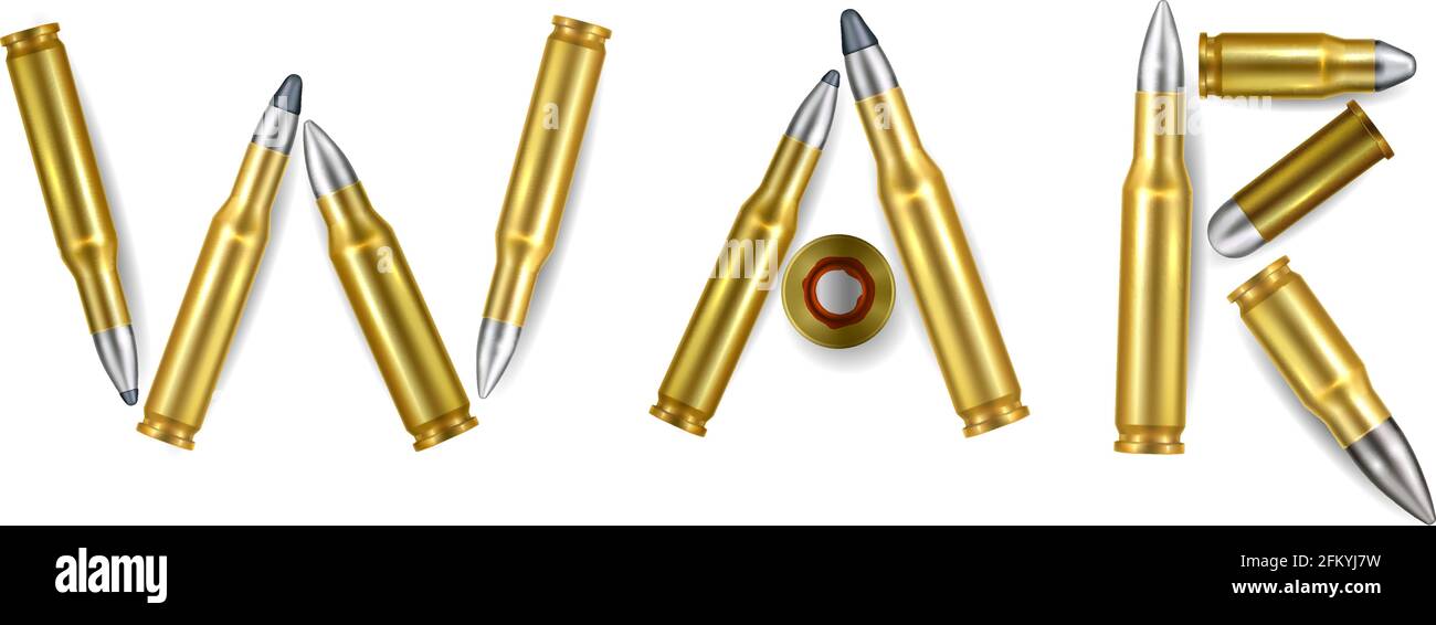 War word realistic composition of isolated gold bullets on white ...