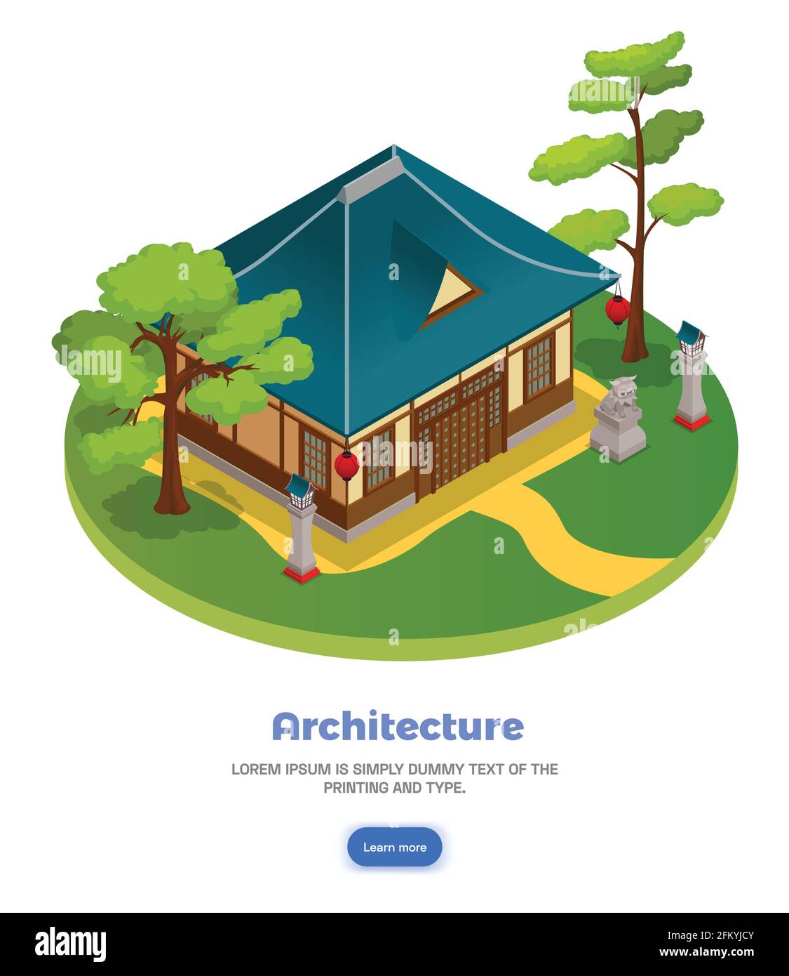 Asian architecture concept with garden landscape and house isometric ...
