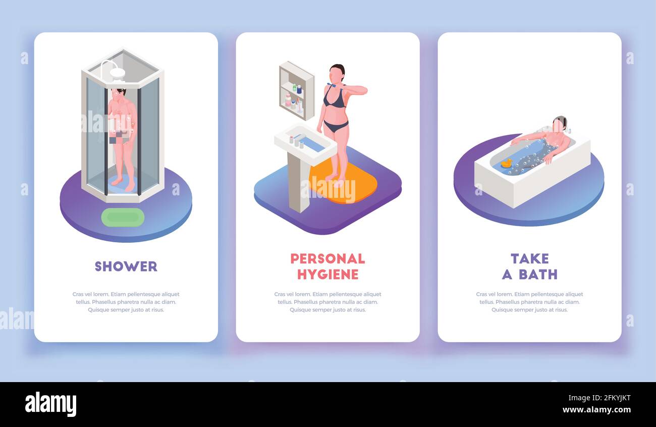 Hygiene isometric vertical banners set with shower and bath symbols ...