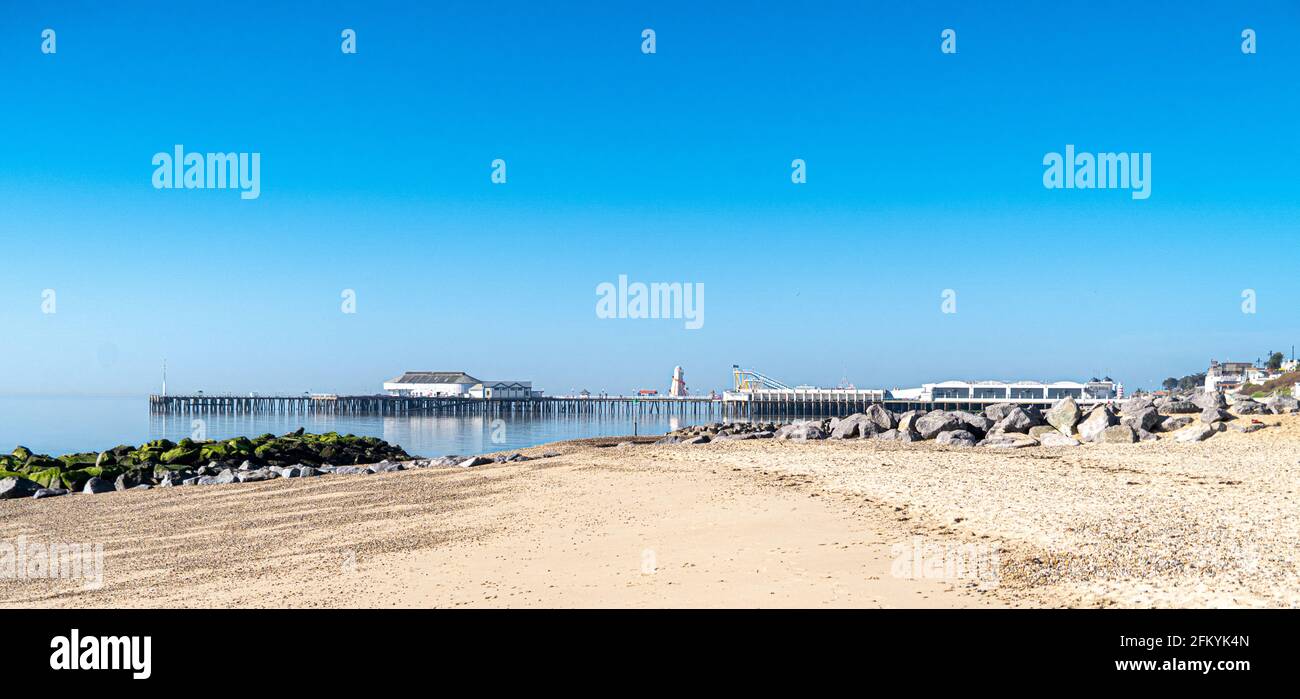 Clacton Beach and Pier from the North side panoramic view in springtime ...